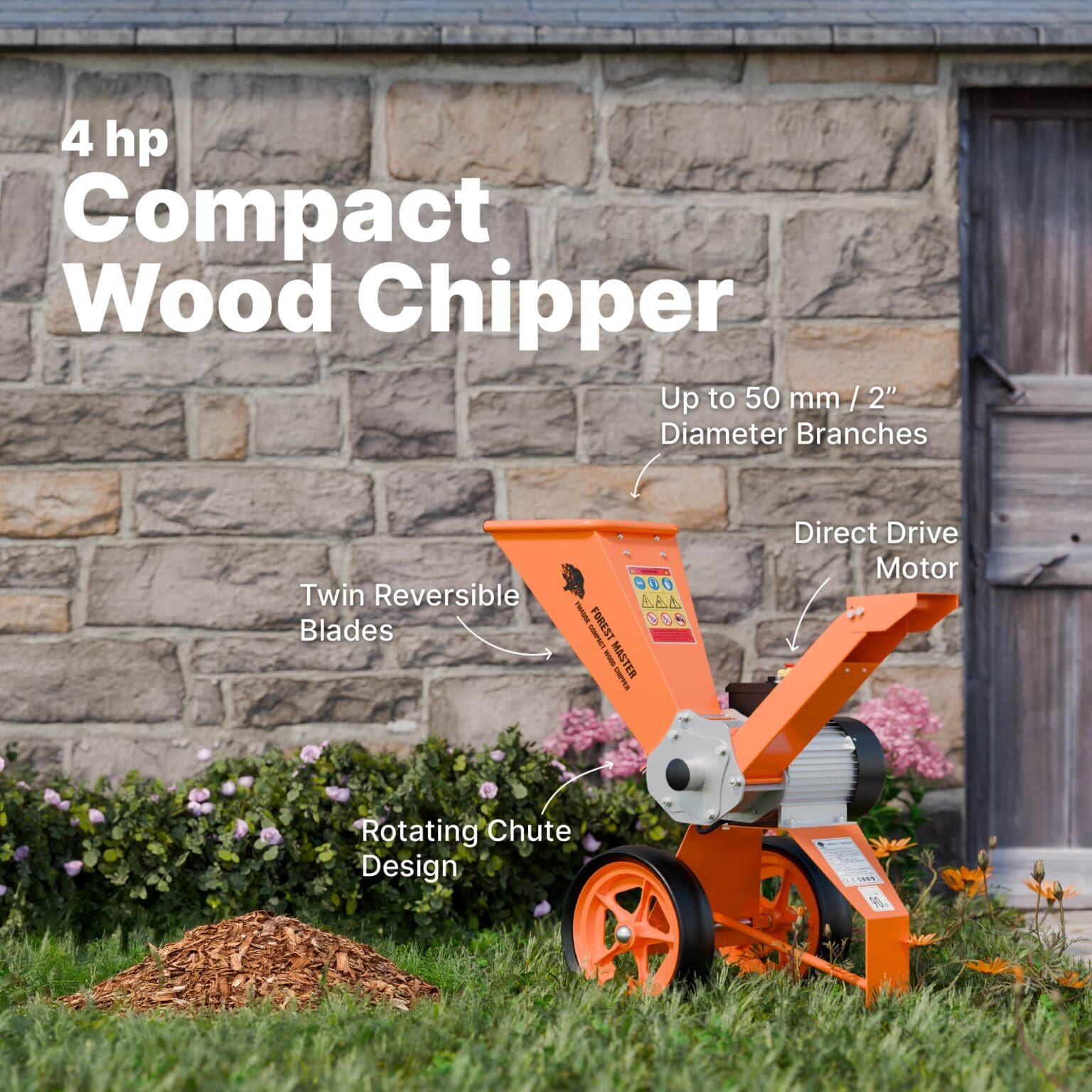 FM4DDE Compact Electric Wood Chipper 4HP – Direct Drive, Rotable Hopper ...